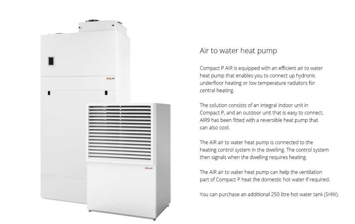 Central heating of the dwelling via efficient air to water heat pump